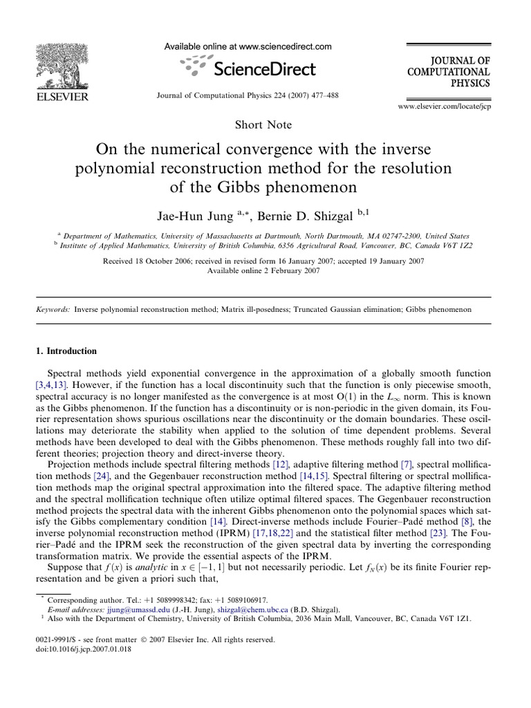 (B. D. Shizgal) Numerical Convergence of Gibbs | PDF | Fourier Series ...