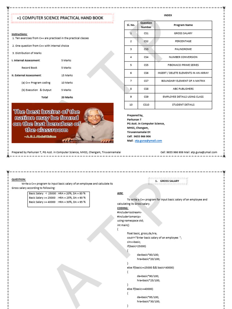 Namma Kalvi 11 Cs em Atp Practical Hand Book 215960 | PDF