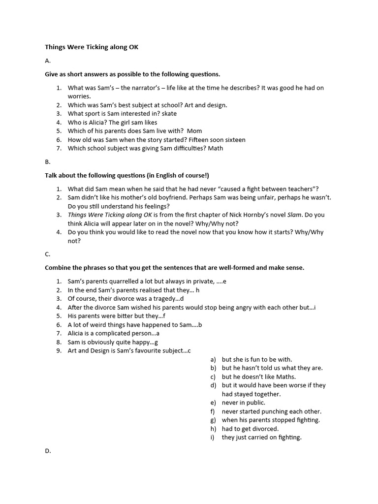 Things Were Ticking Along OK QUESTIONS | PDF | Language Arts & Discipline