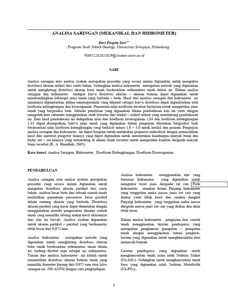 Analisa Saringan (Mekanikal Dan Hidrometer) | PDF