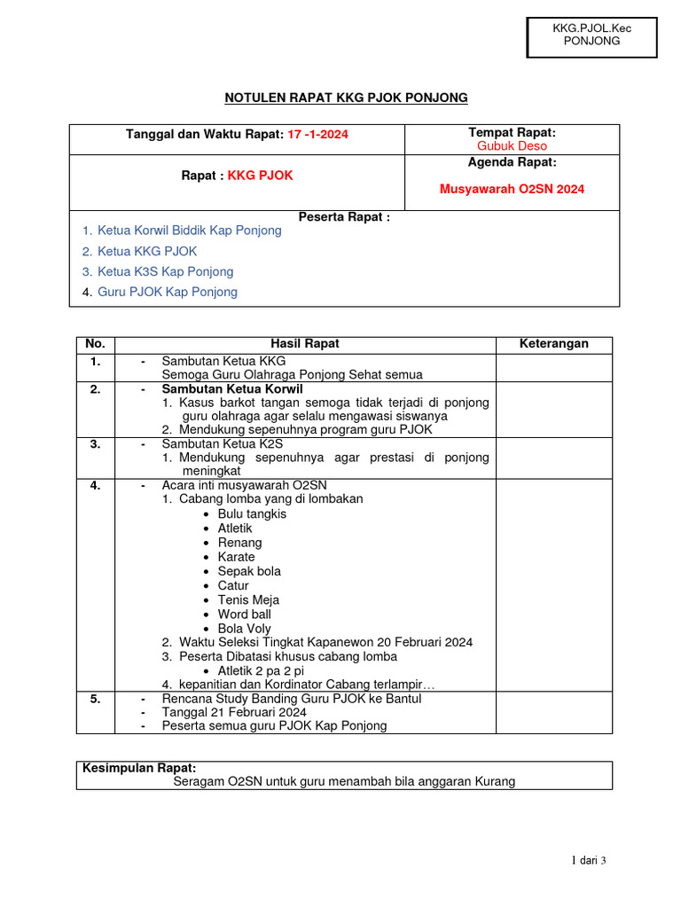 Notulen Rapat KKG PJOK Ponjong 2024 | PDF