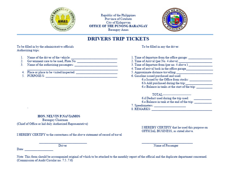 DRIVER'S TRIP TICKET | PDF | Land Transport | Transport