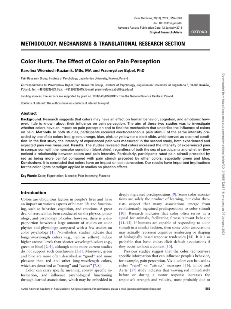 Color Hurts The Effect of Color On Pain Perception 2019 | PDF | Pain ...