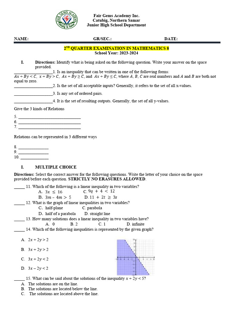 2nd Quarter Exam in Math 8 | PDF | Inequality (Mathematics) | Variable (Mathematics)