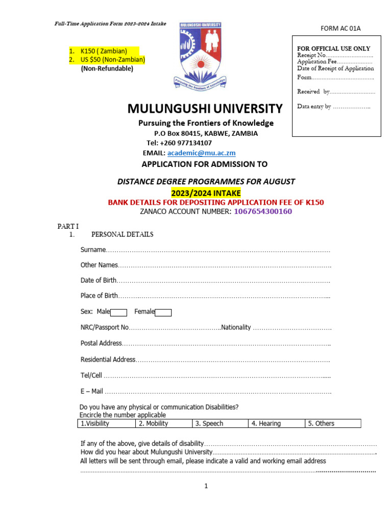 Mulungushi University 2023-2024 Application Form | PDF | Bachelor's ...