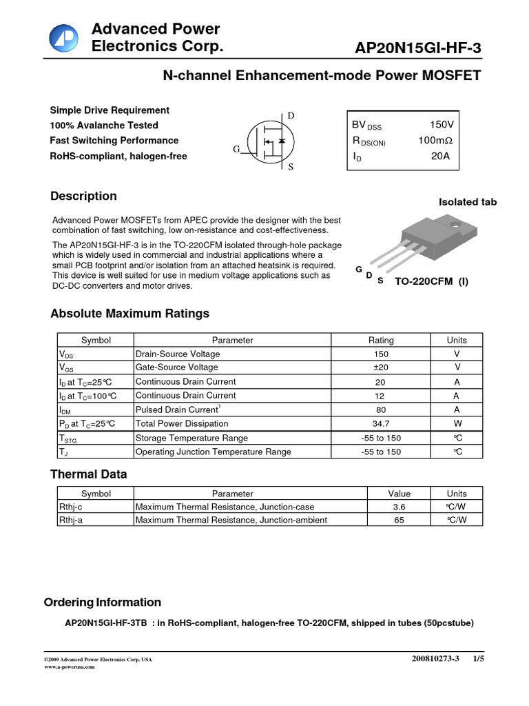 AP20N15GI HF 3TB Advanced Power Electronics | PDF | Field Effect ...
