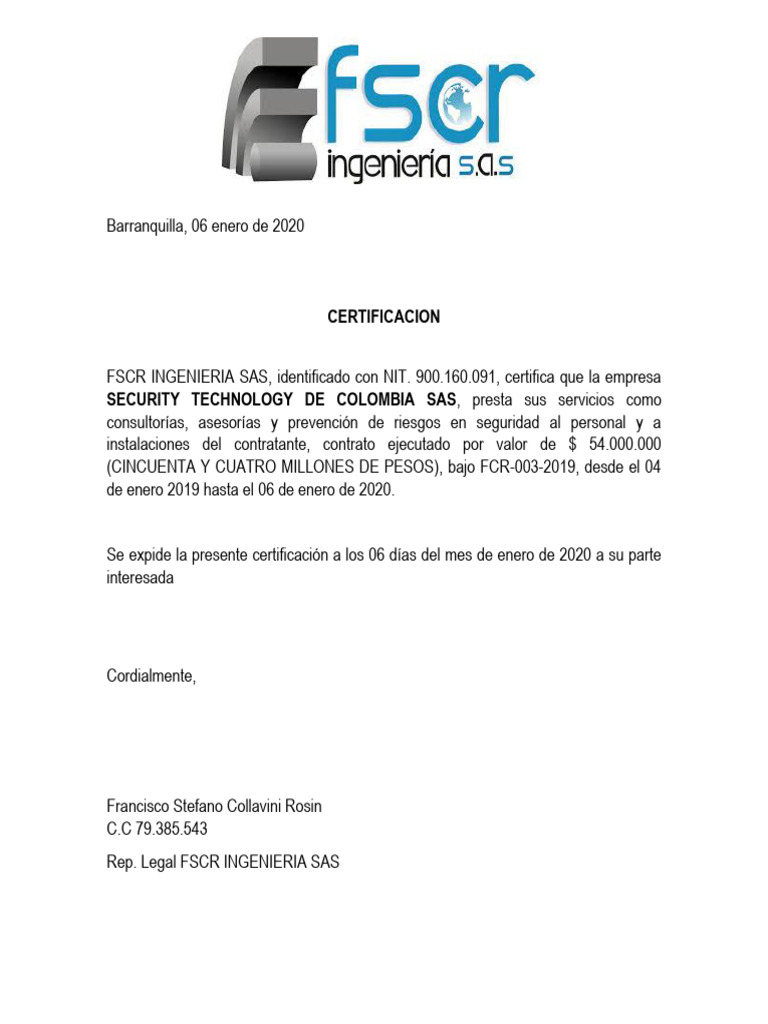 Certificación de FSCR Ingeniería SAS | PDF