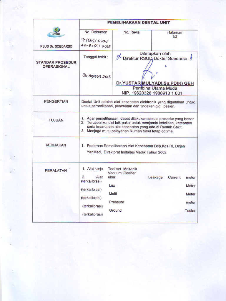 Sop 3. Pemeliharaan Dental Unit | PDF