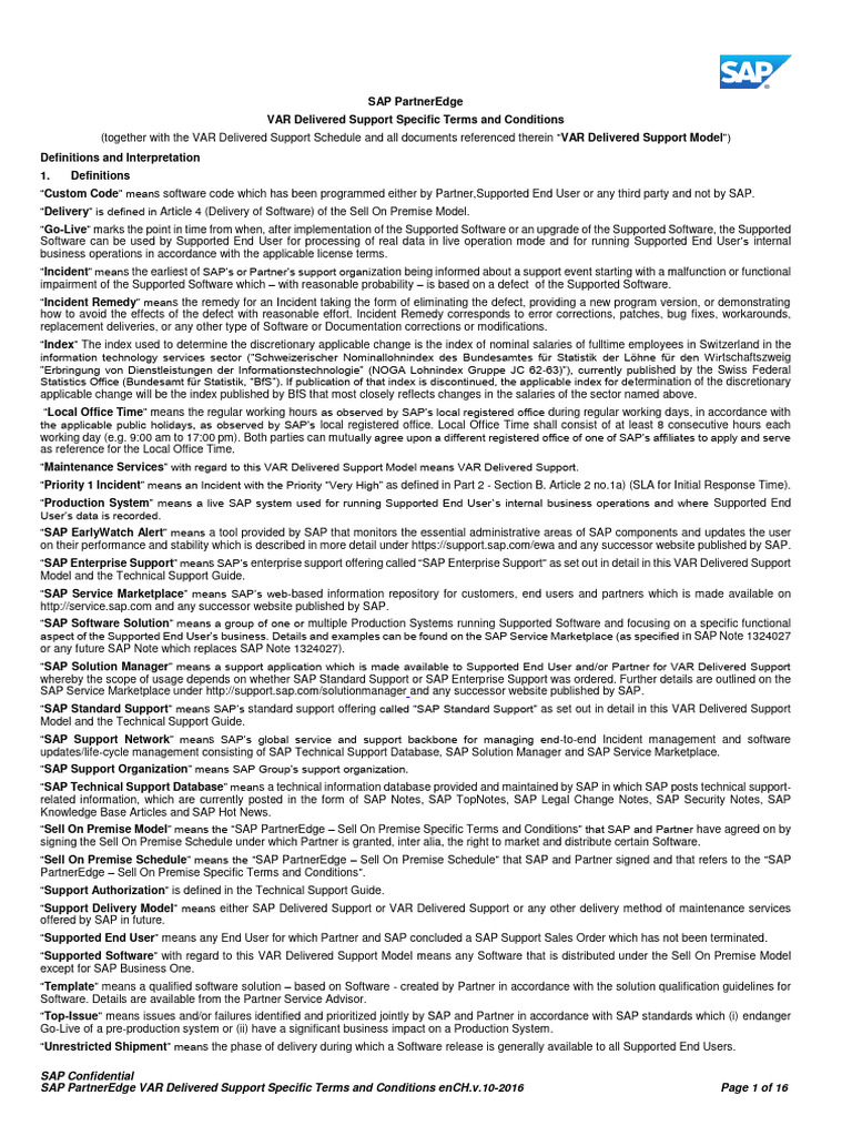 Sap Partneredge Var Delivered Support Specific Terms and Conditions ...