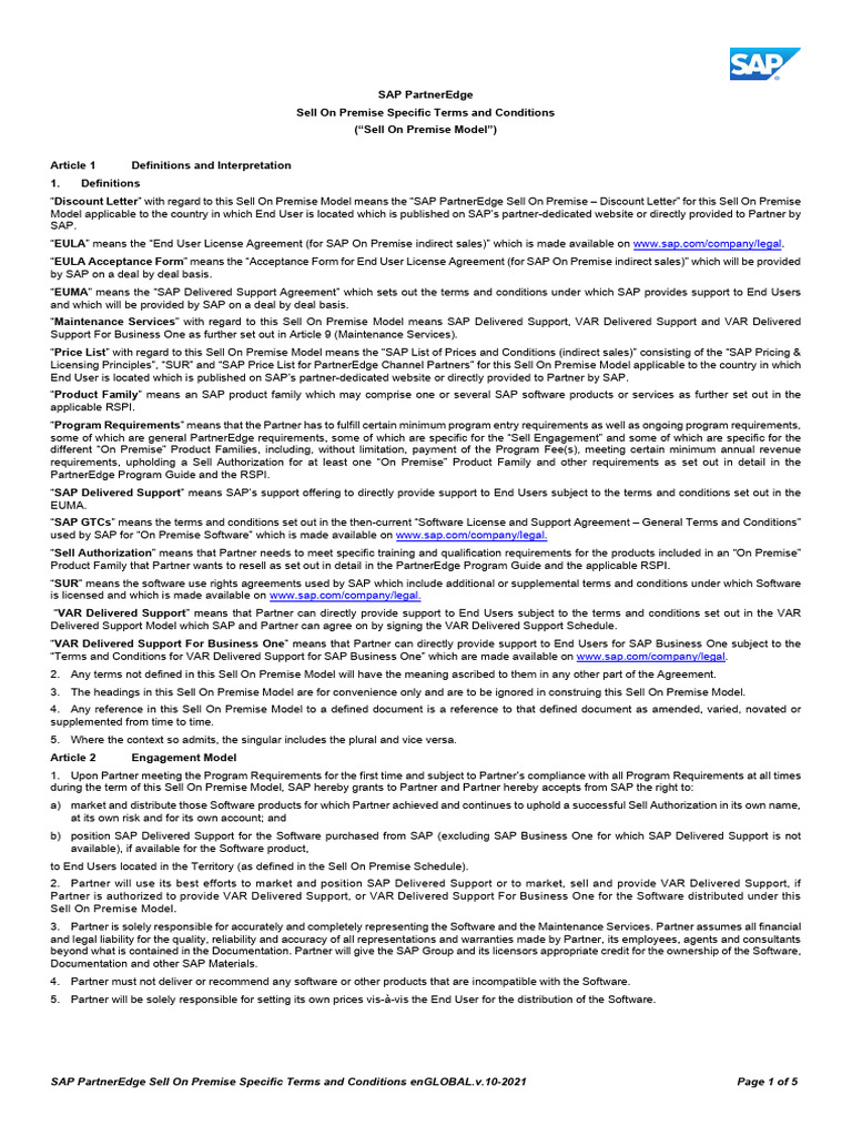 SAP PartnerEdge Sell Terms v10-2021 | PDF | Taxes | Corporate Tax
