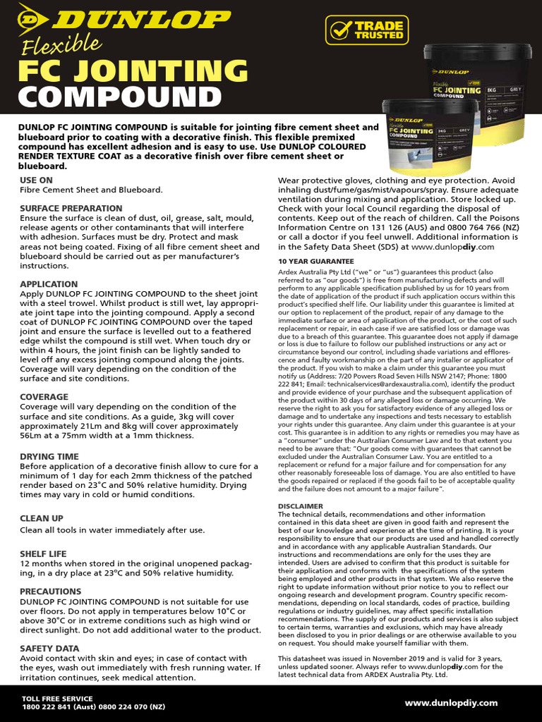 Dunlop FC Jointing Compound Datasheet | PDF | Drywall | Materials