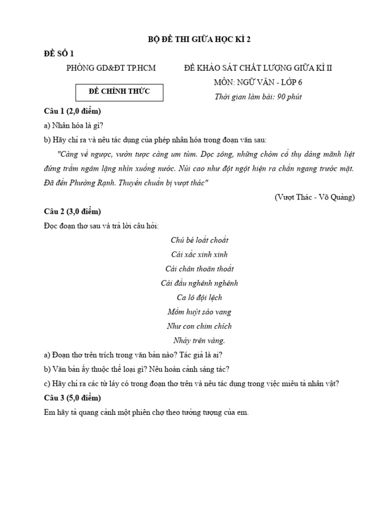 Bo de Thi Giua Hk2 Mon Ngu Van Lop 6 | PDF