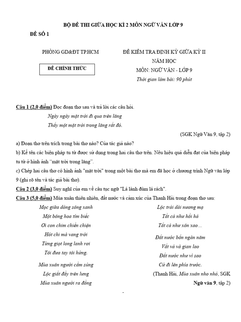 Bo de Thi Giua Hk2 Mon Ngu Van Lop 9 | PDF