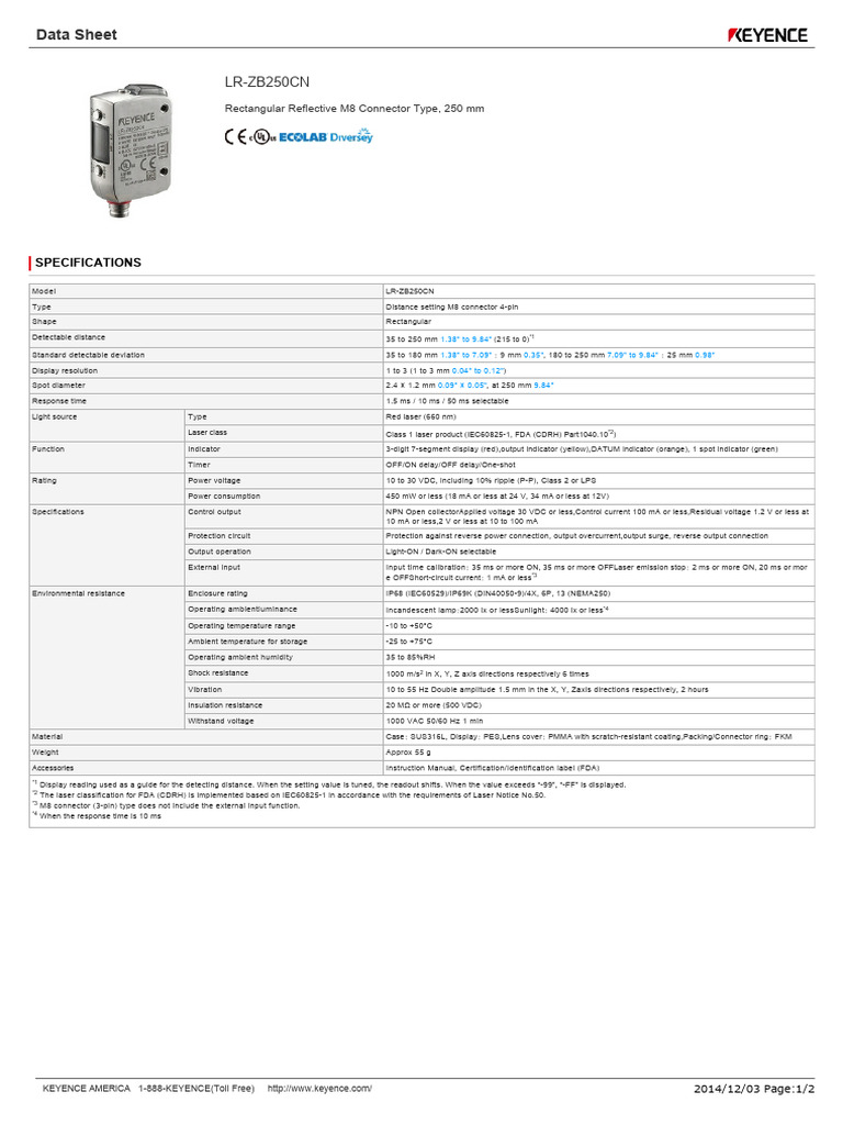 Keyence LRZB250CN Datasheet | PDF