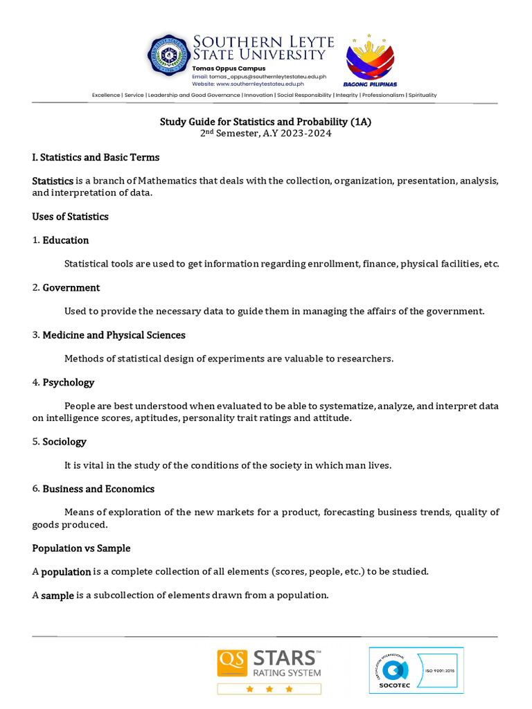 Statistics and Probability Study Guide 1.1.1 | Download Free PDF | Sampling (Statistics) | Level ...