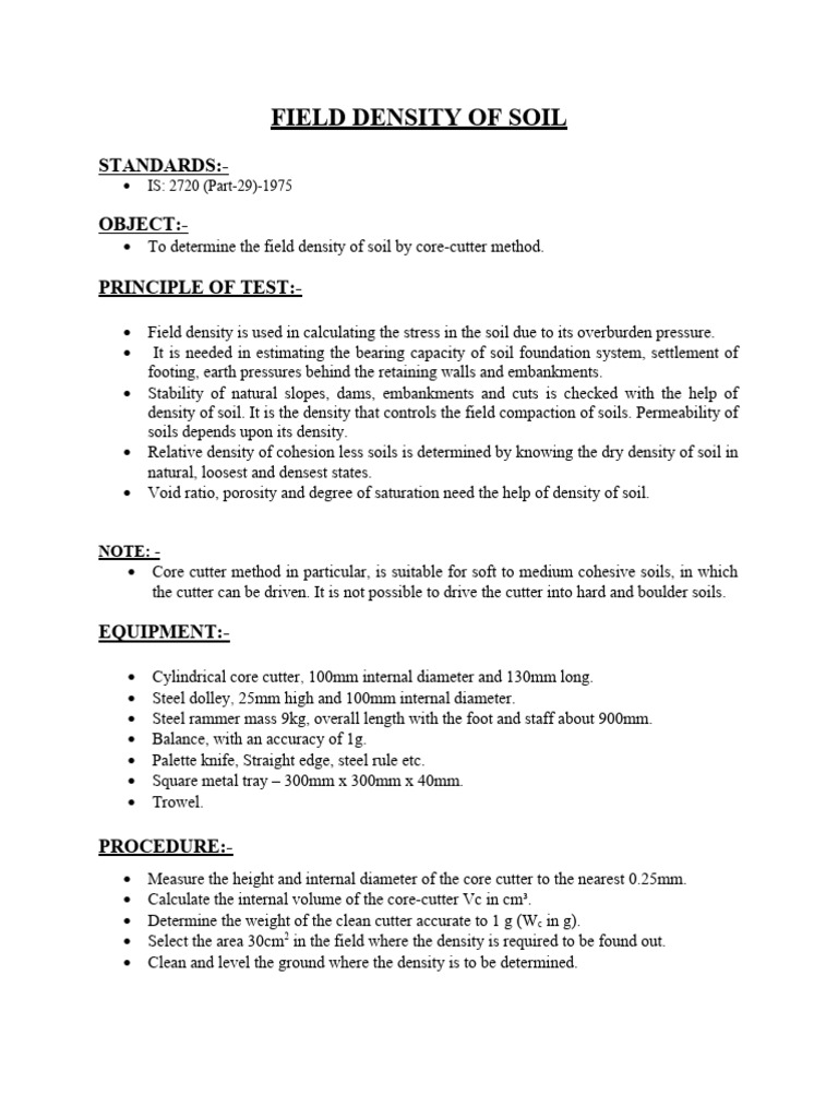 Field Density of Soil by Core Cutter Method | Download Free PDF | Density | Soil