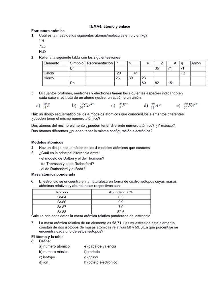 Ejercicios Quimica | PDF | Átomos | Enlace químico