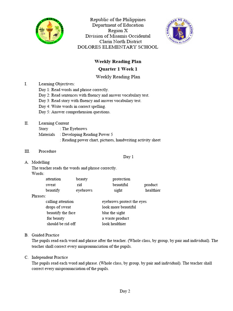 Weekly Reading Plan - Q1 Week 1 | PDF | Vocabulary | Psycholinguistics