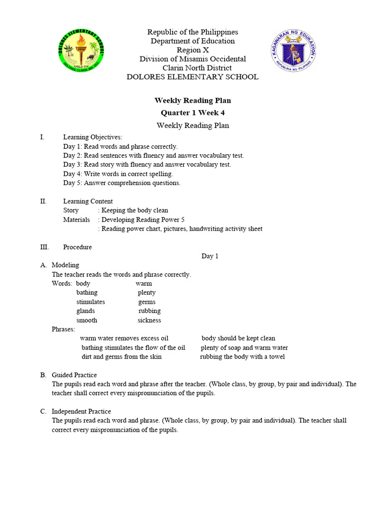 Weekly Reading Plan - Q1 Week 4 | PDF | Skin | Vocabulary
