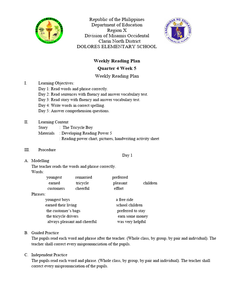 Weekly Reading Plan - Q1 - Week 5 | PDF | Vocabulary | Teachers