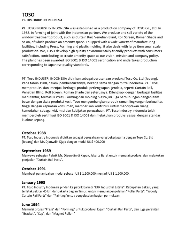 Profil PT Toso Industry Indonesia | PDF