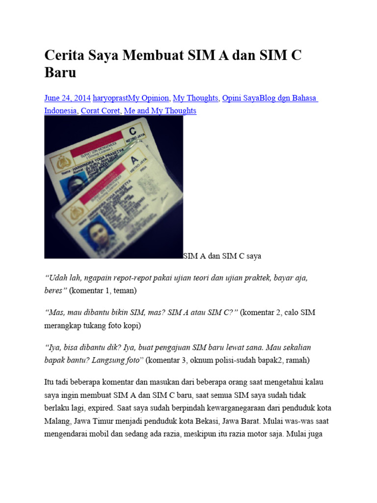 Pengalaman Jujur Dapatkan SIM A dan C | PDF