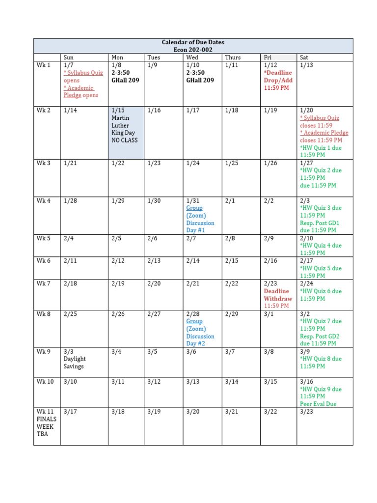 Econ 202-002 Calendar W2023-24 | PDF
