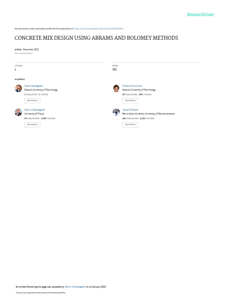 Concrete Mix Design Using Abrams and Bolomey Methods: December 2022 | PDF | Concrete | Cement