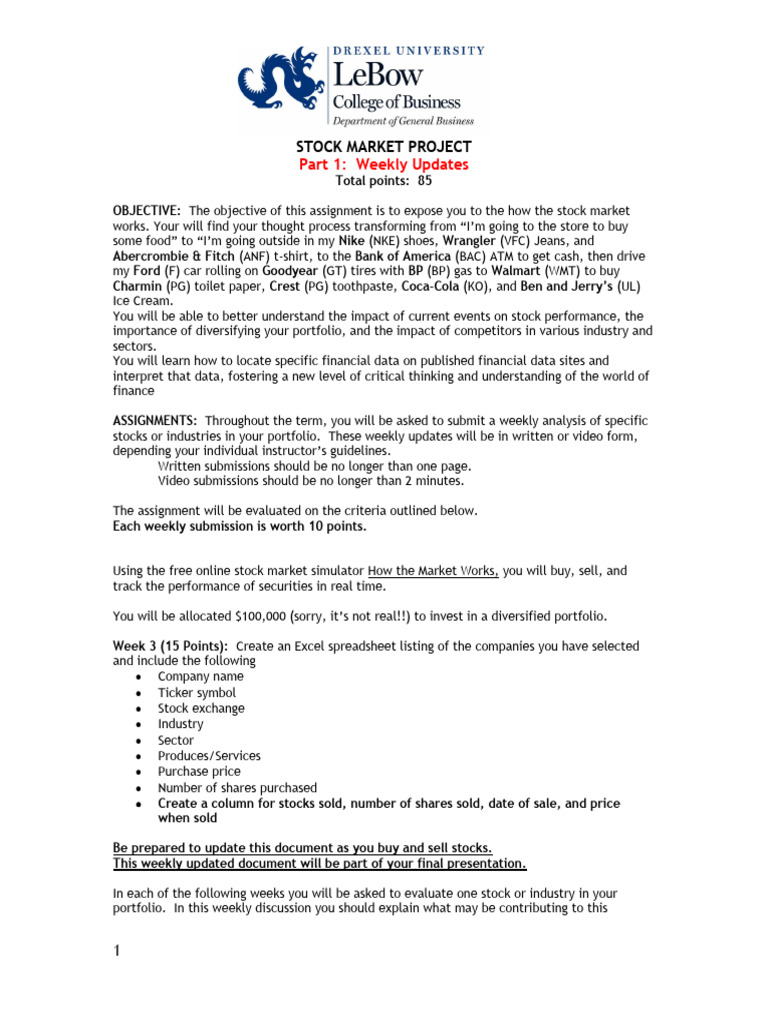 Part 1 Stock Market Project Part 1 - Fall 2023_85 points | PDF