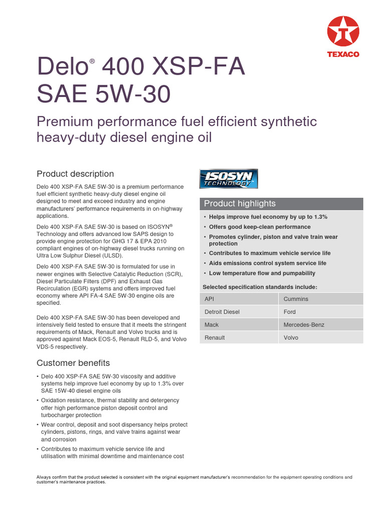 Texaco Delo 400 XSP-FA 5W-30 | PDF | Motor Oil | Diesel Engine