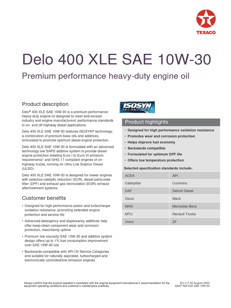 Texaco Delo 400 XLE SAE 10W-30 | PDF