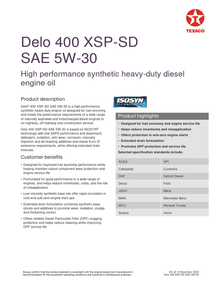 Texaco Delo 400 XSP-SD 5W30 | PDF | Motor Oil | Motor Vehicle