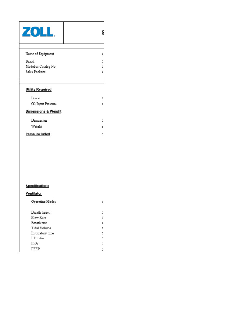 ZOLL ZVENT Portable Ventilator Specs | PDF | Breathing | Electricity