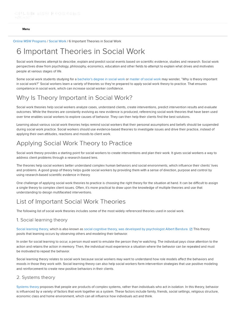 6 Important Theories in Social Work & 6 Practice Models | PDF ...