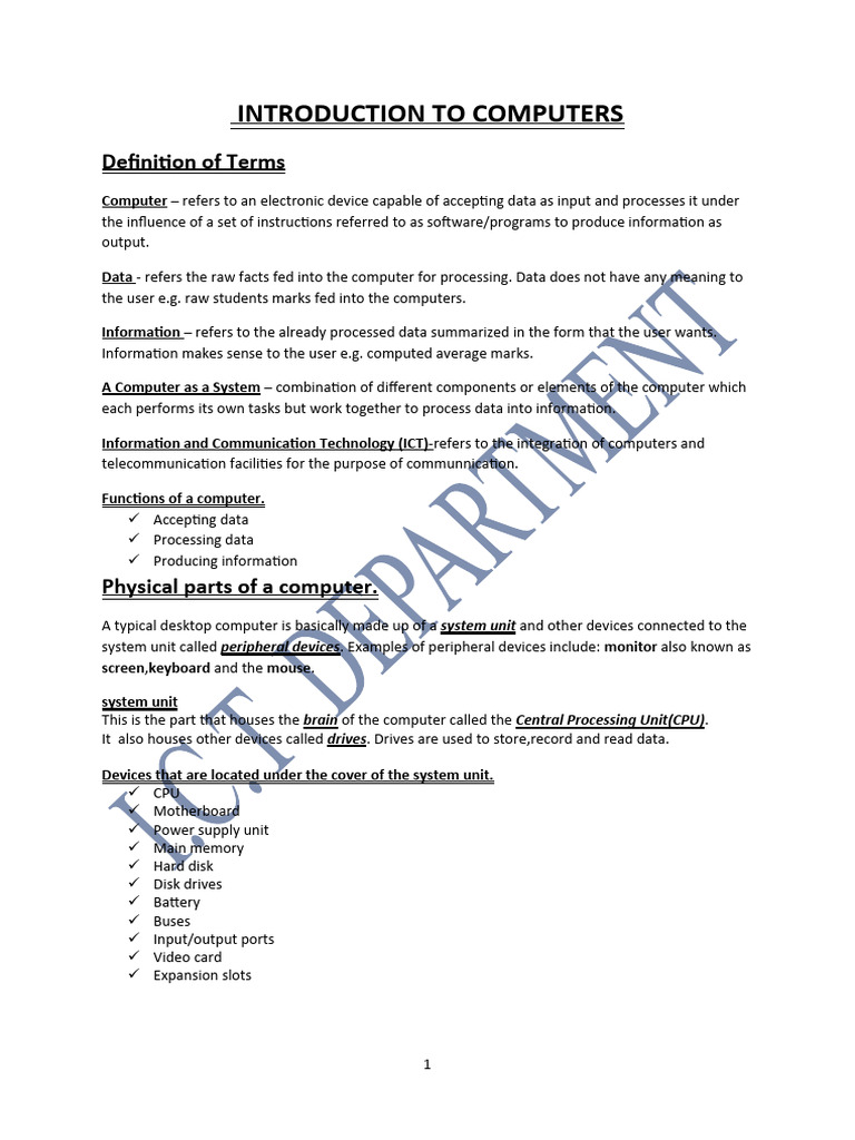 Introduction To Computers Notes. | PDF