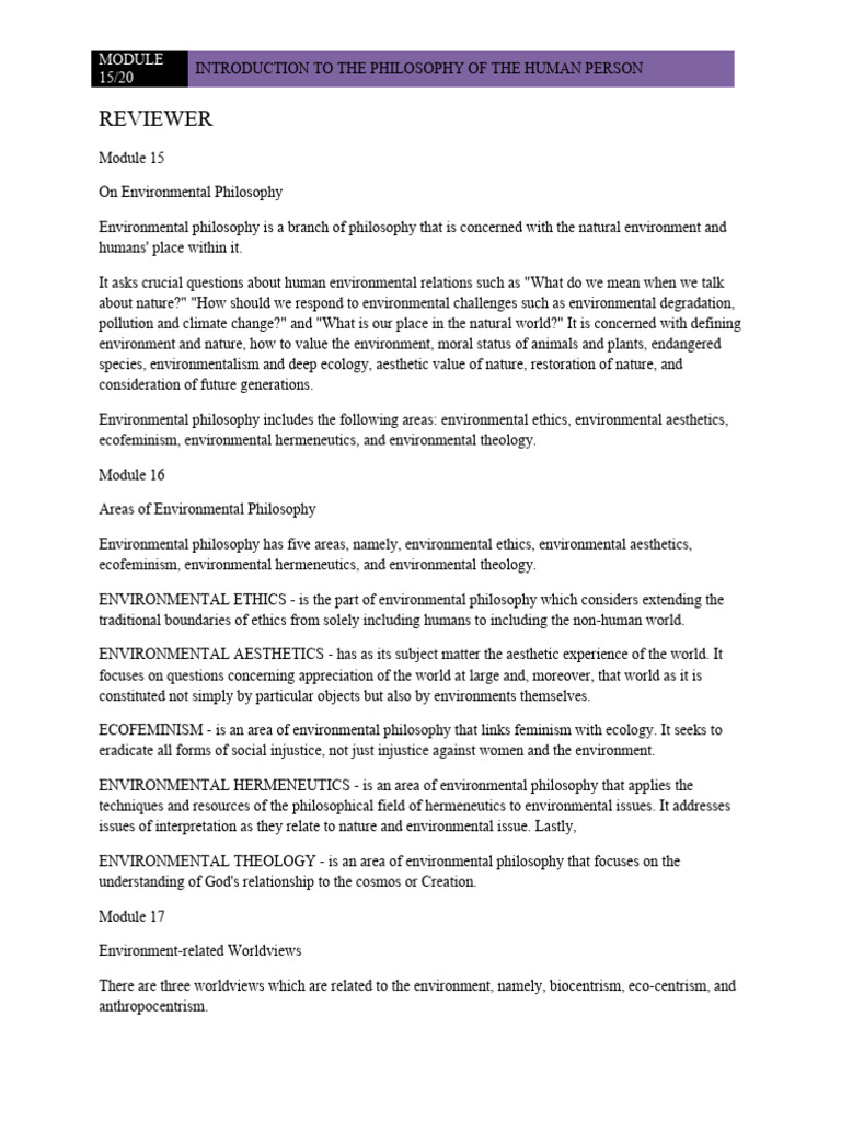 Philosophy MODULES 15 20 REVIEWER | PDF | Environmental Philosophy ...