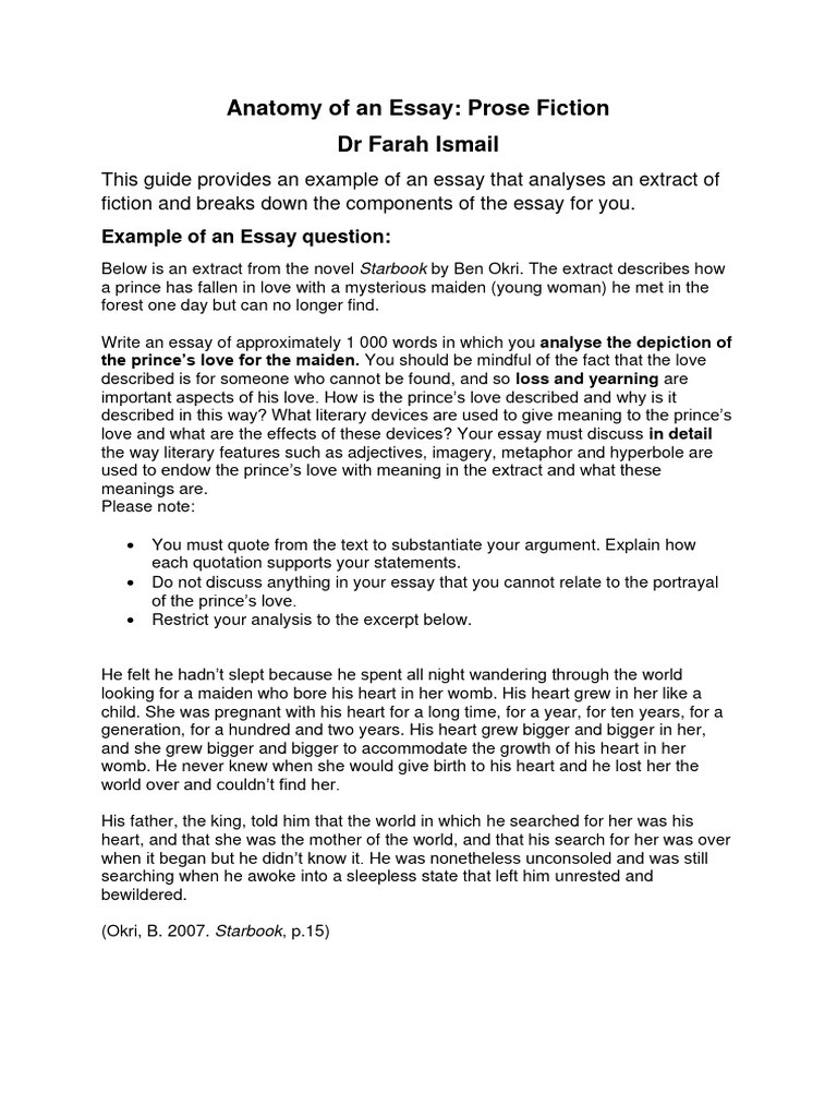 Anatomy of An Essay Analysing An Extract From Fiction Prose | PDF | Essays | Love