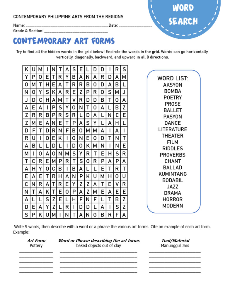 Word Search Contemporary Art Forms | PDF
