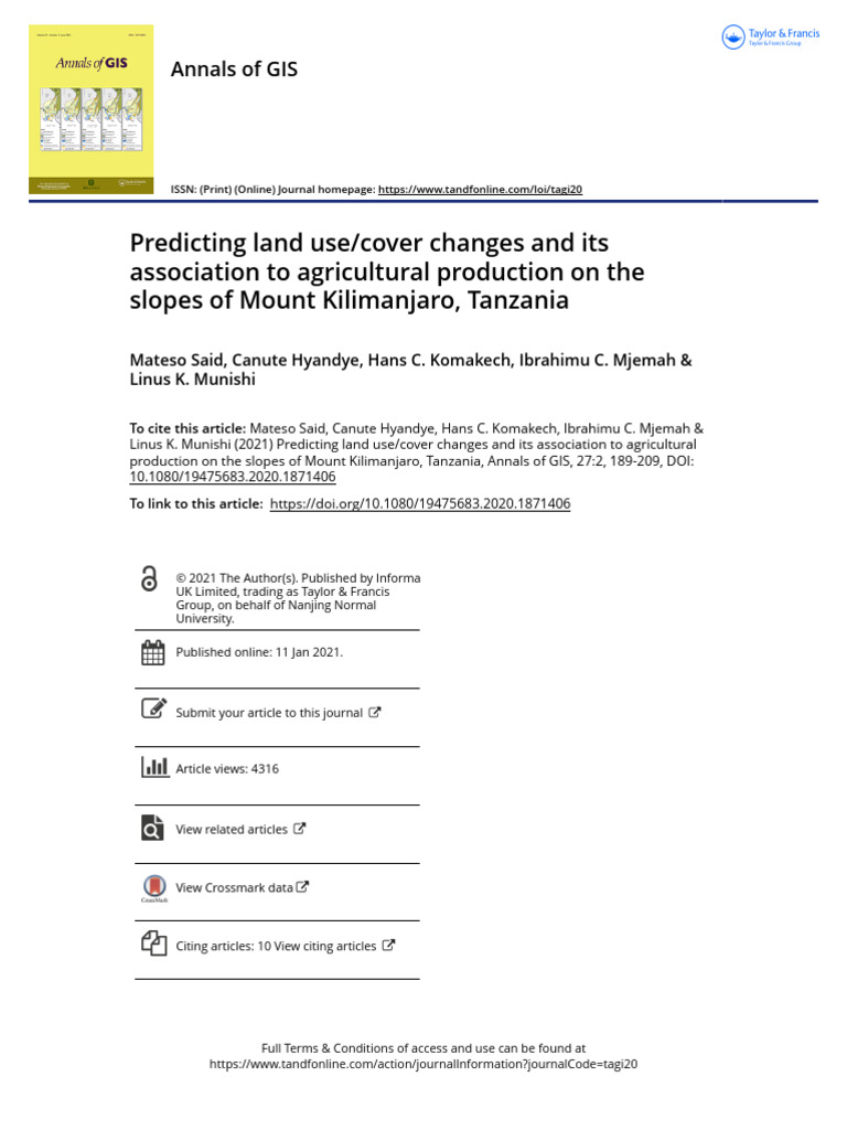 Predicting Land Use Cover Changes and Its Association To Agricultural Production On The Slopes ...