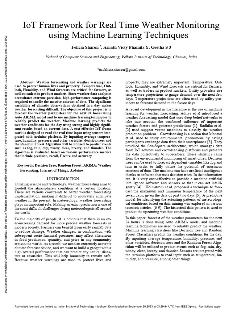 IoT Framework For Real Time Weather Monitoring Using Machine Learning Techniques | PDF