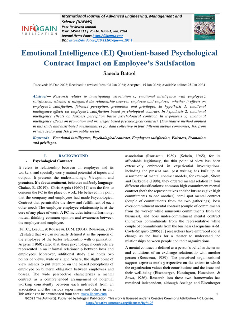Emotional Intelligence (EI) Quotient-Based Psychological Contract Impact On Employee's ...