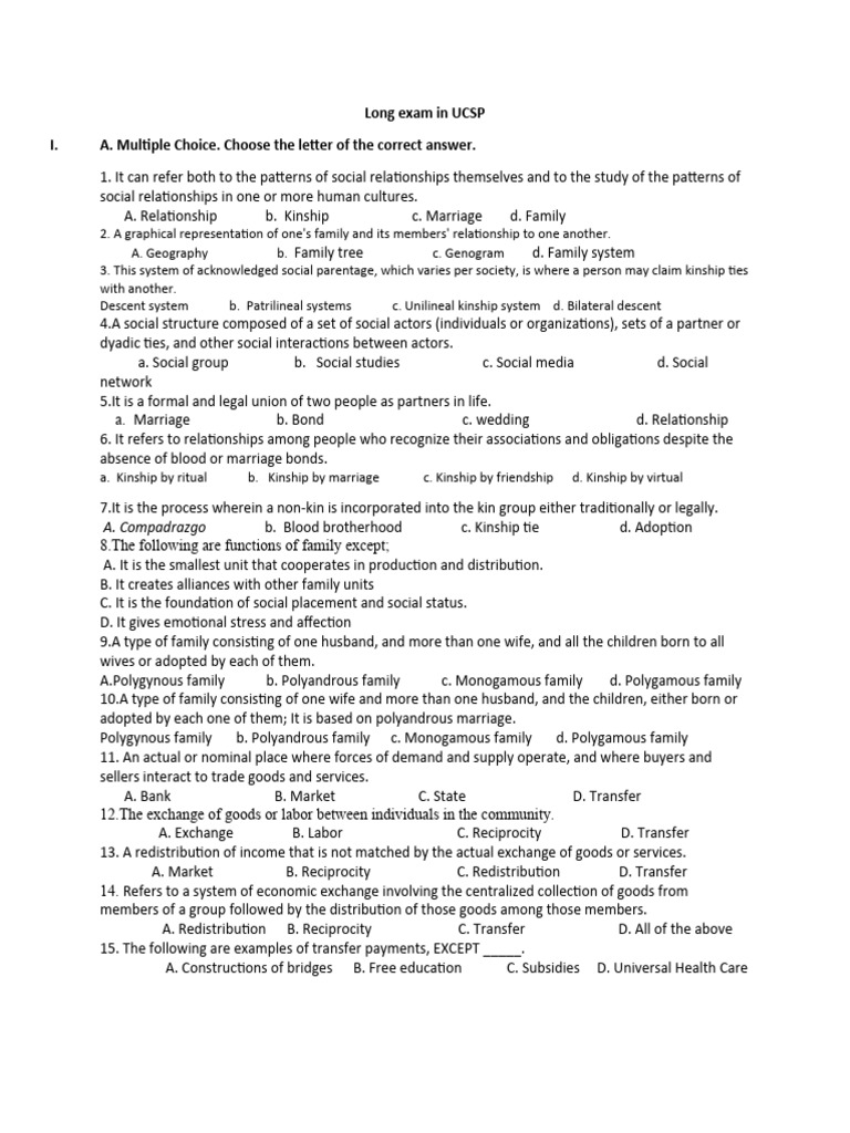 2ND QUARTER Long exam in UCSP | PDF | Kinship | Family
