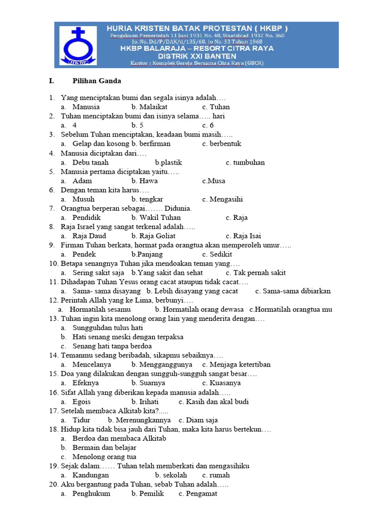 Soal Pilihan Ganda dan Essay Alkitab | PDF