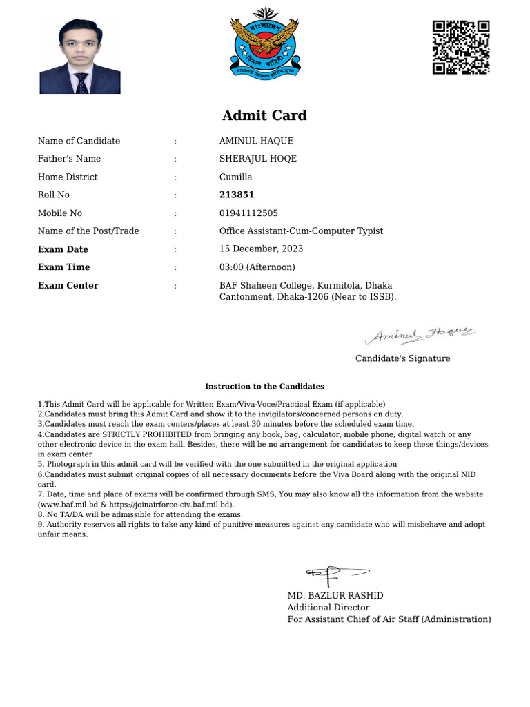 Admit Card: Instruction To The Candidates | PDF