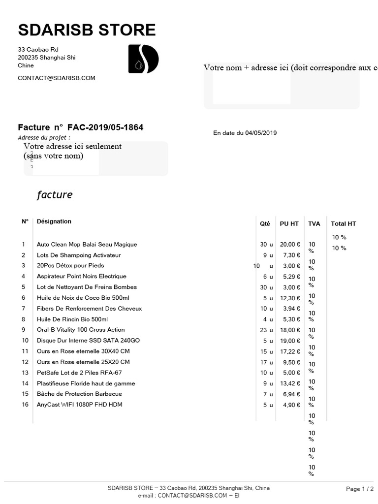 Facture FAC-2019/05-1864 SDARISB | PDF | Taxe sur la valeur ajoutée ...
