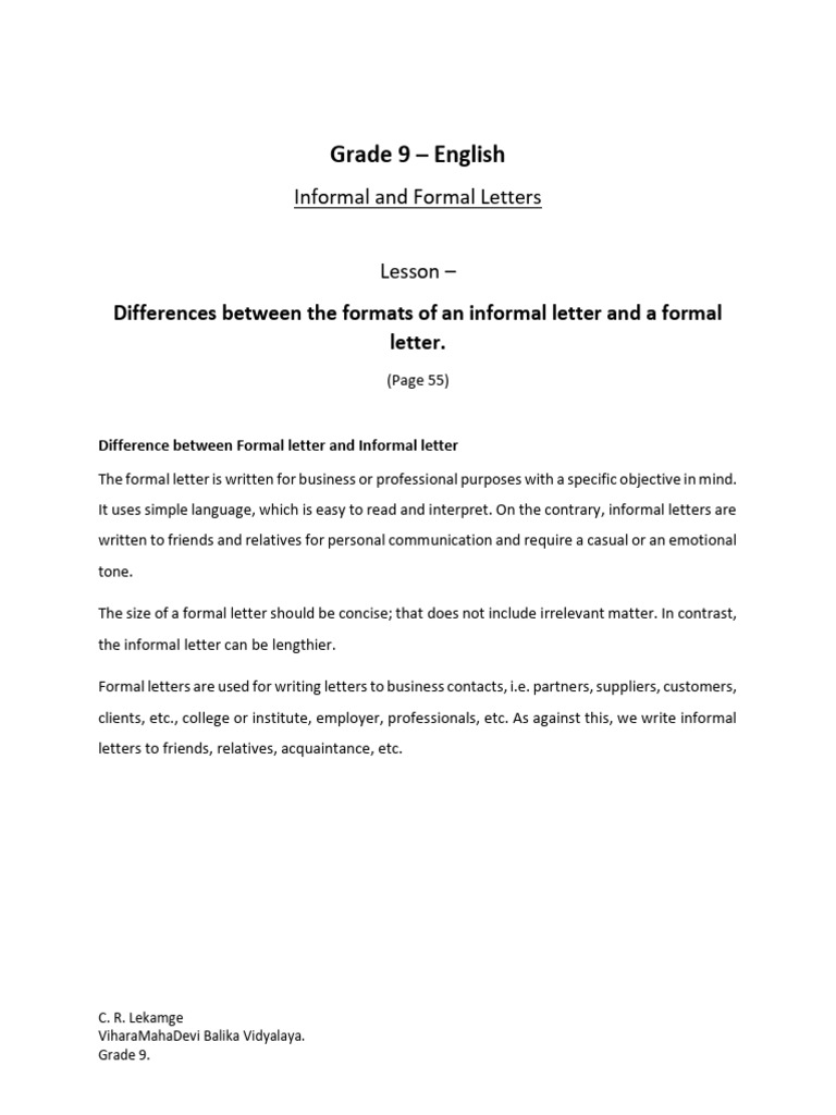 Grade 9 English Formal and Informal Letters | PDF