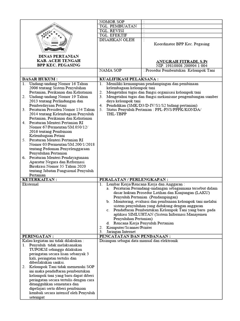 Sop Pembentukan Kelompok Tani | PDF