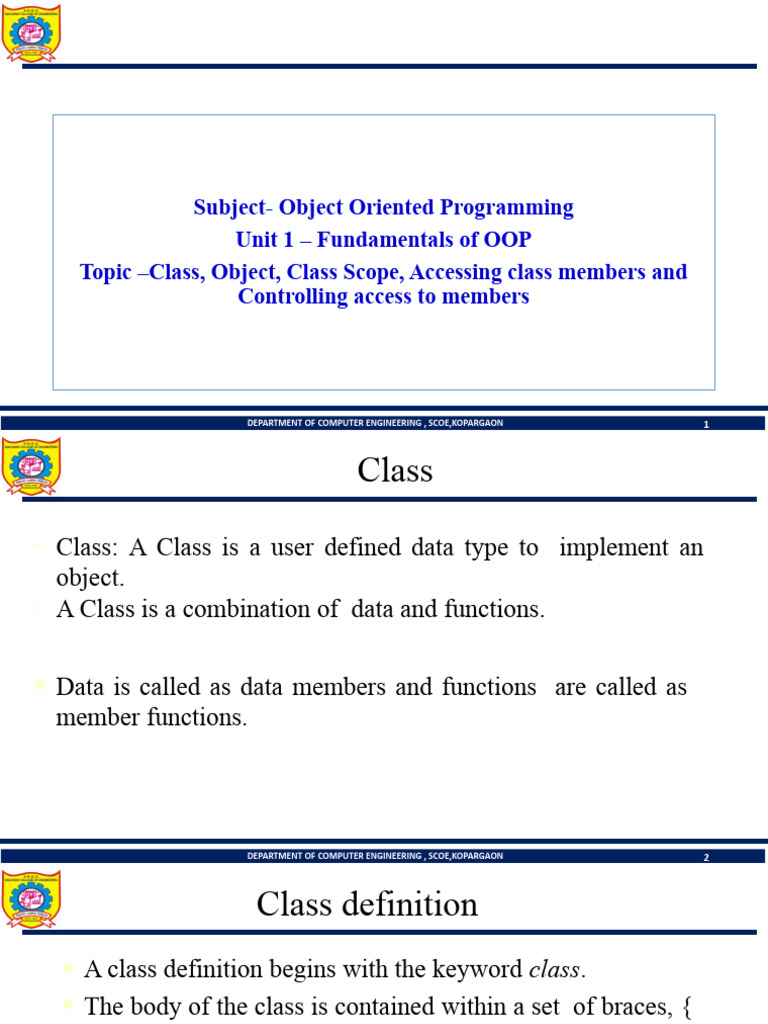 Class, Object, Class Scope, Accessing Class Members and Controlling Access To Members | PDF