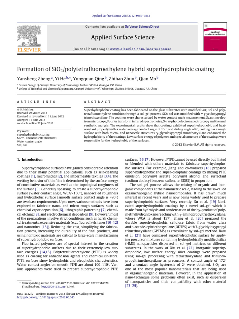 SiO2/PTFE Hybrid Superhydrophobic Coating | PDF | X Ray Photoelectron ...