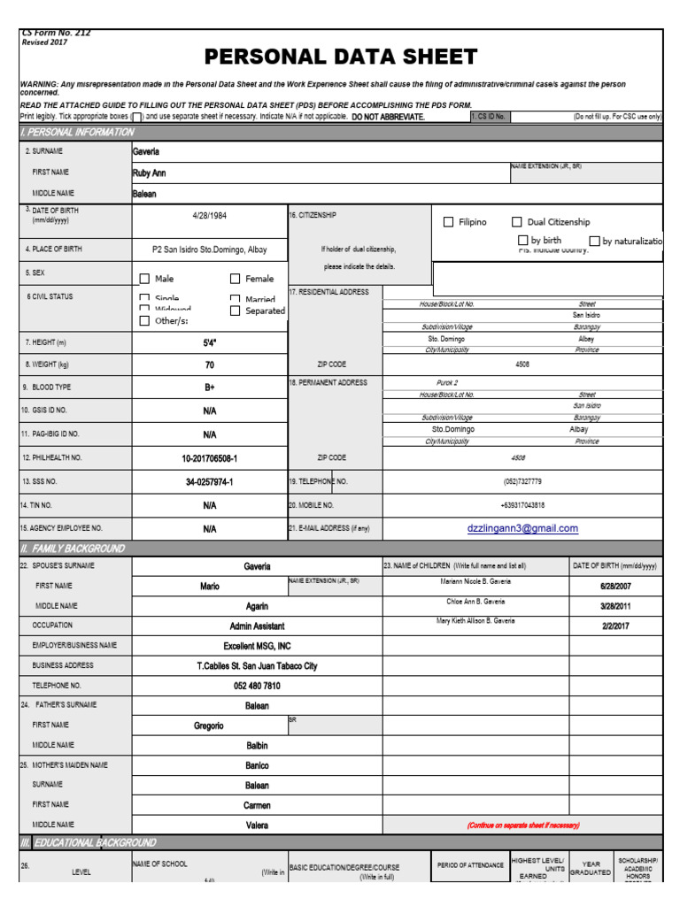 Cs Form No. 212 Revised Personal Data Sheet - New 1 | PDF | Government ...